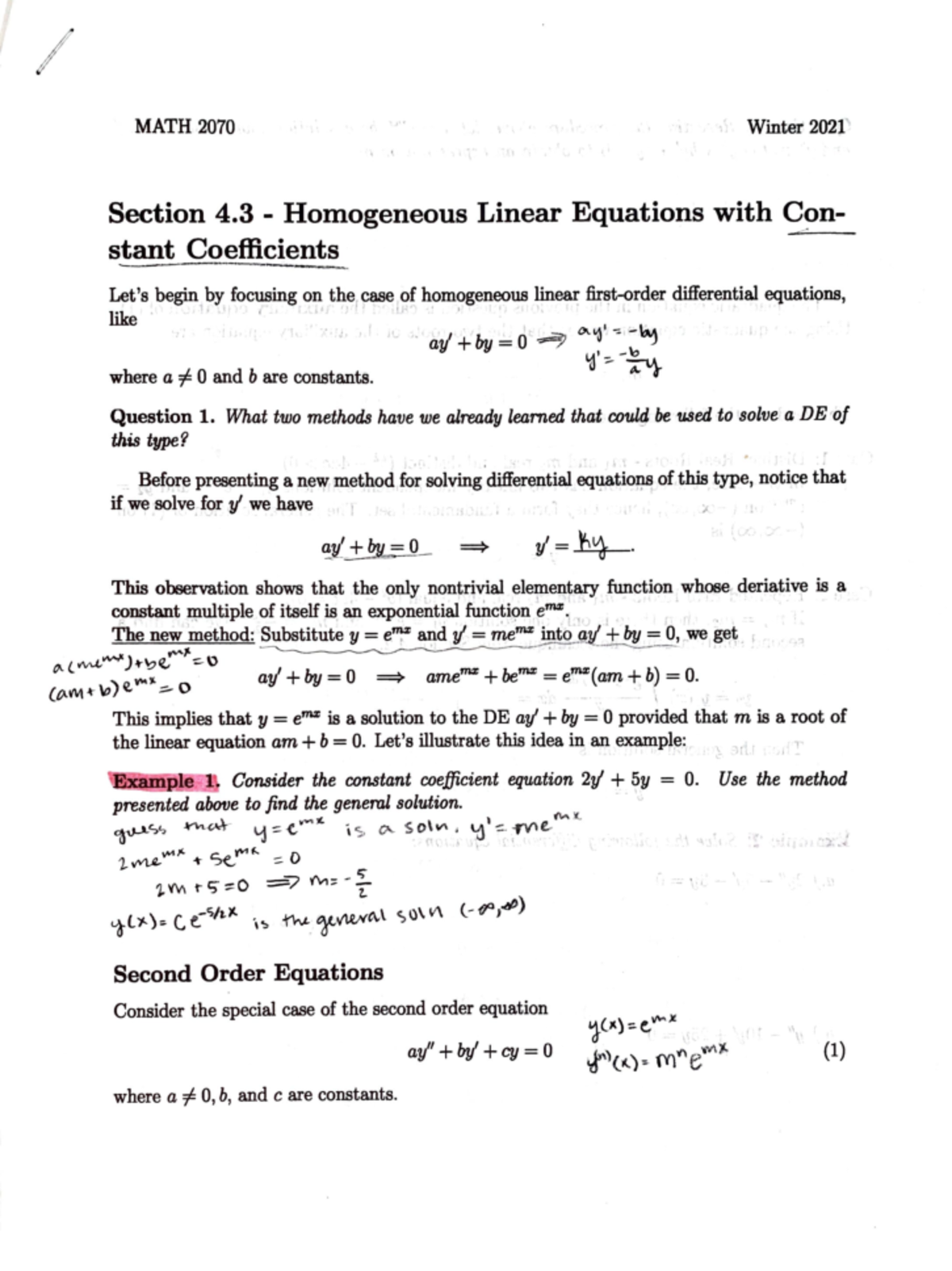 4.3 Homogenous Linear Equations with Constant Coefficients - / MATH ...