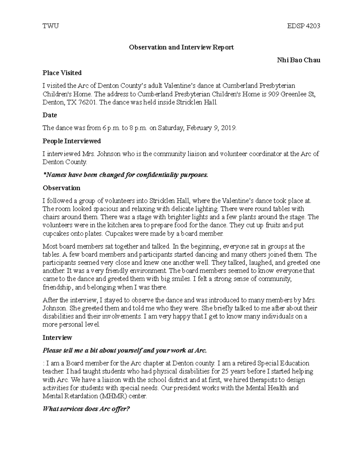 Assignment 1 - Observation Report - TWU EDSP 4203 Observation and ...