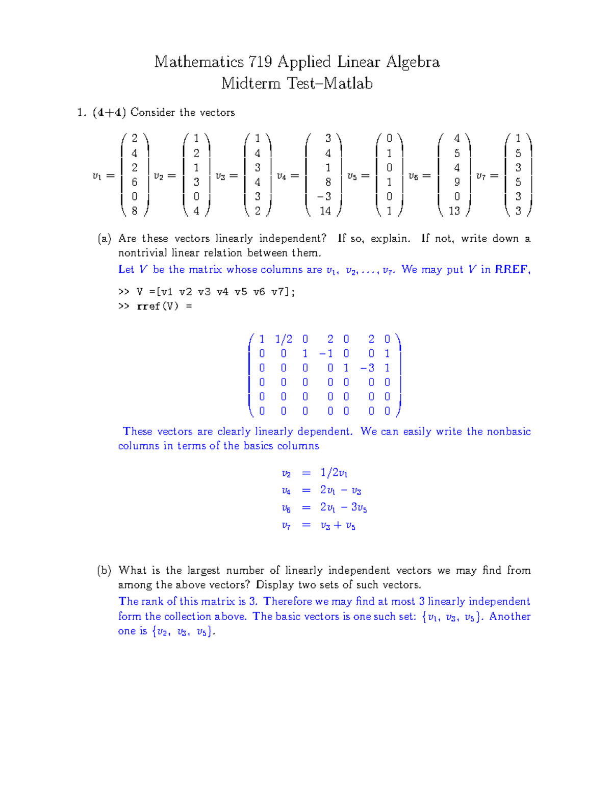 MTH719Midterm Matlab Solutions W17 - Mathematics 719 Applied Linear ...