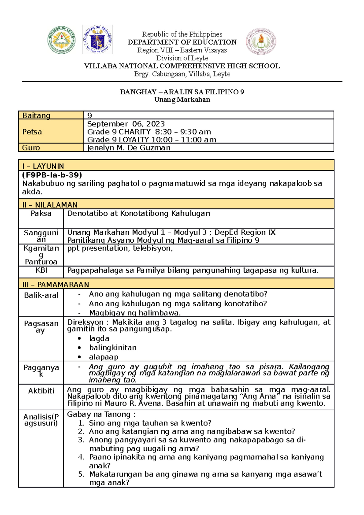 23-24 sept. 6 LP Q1 - LESSON PLAN - Republic of the Philippines ...