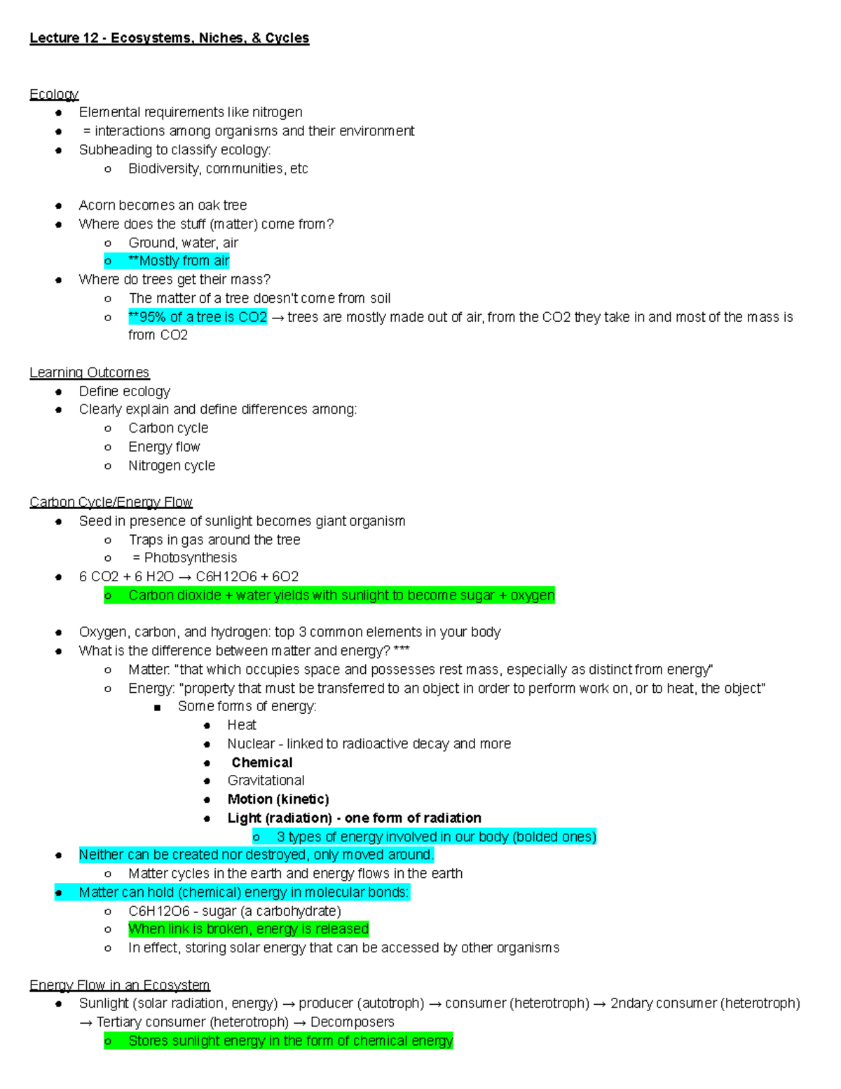Lecture 12 & 13 Notes - Lecture 12 - Ecosystems, Niches, & Cycles ...