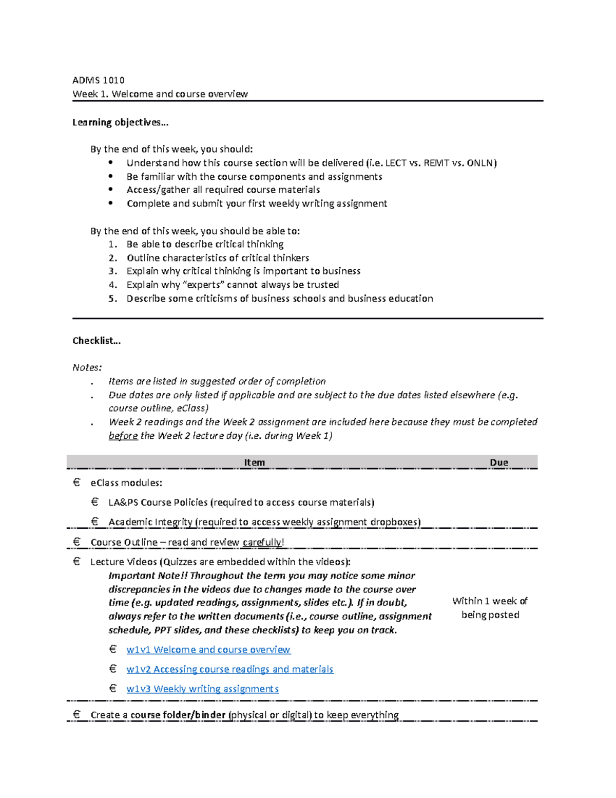 Wk1. Checklist - ADMS 1010 Week 1. Welcome and course overview Learning objectives... By the end ...