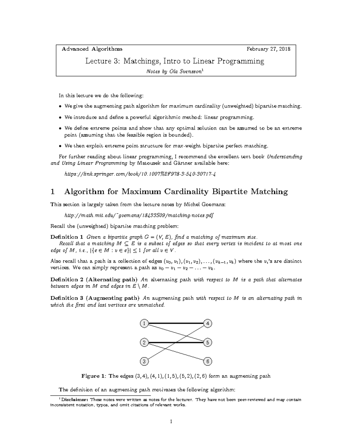 Lecture 3 - Matchings, Intro to Linear Programming - Advanced Algorithms February 27, 2018 ...