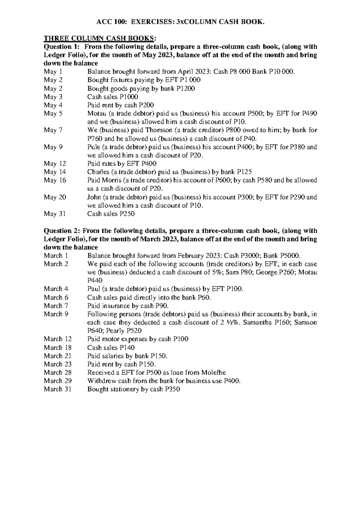 Three Column CASH BOOK Questions 2024 - ACC 100: EXERCISES: 3xCOLUMN ...