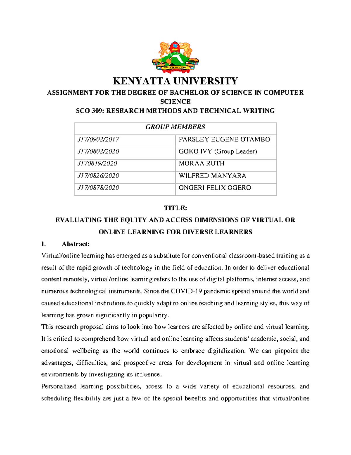 SCO 309 Research Proposal - KENYATTA UNIVERSITY ASSIGNMENT FOR THE ...