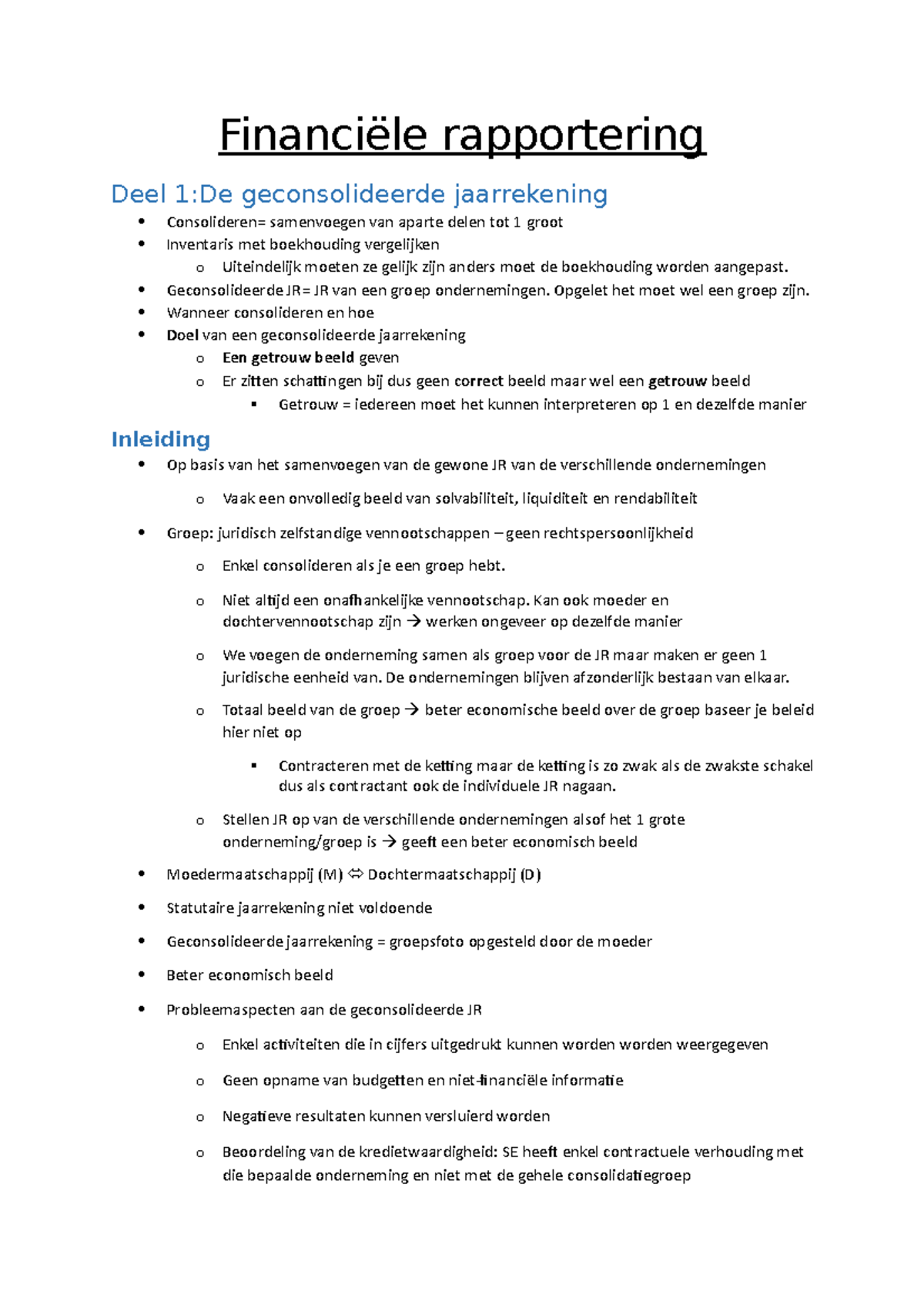 Samenvatting - Consolidatie - Financiële rapportering Deel 1:De ...