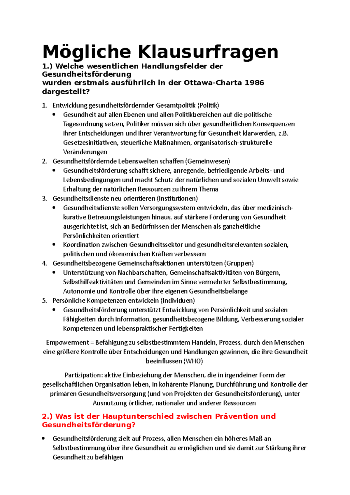 Fragen und Antworten - Mögliche Klausurfragen 1.) Welche wesentlichen Handlungsfelder der - Studocu