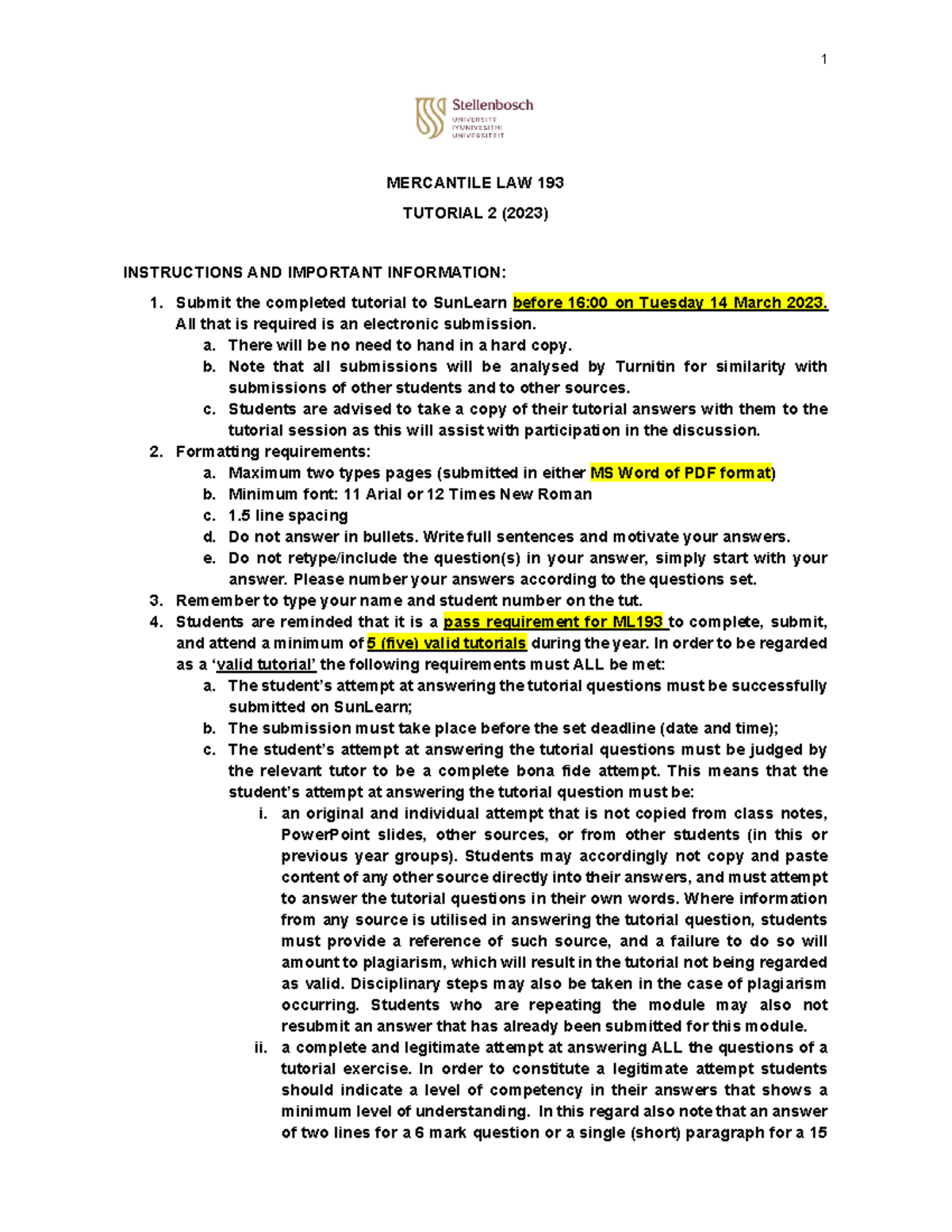 ML193 (2023) - Tut 2 (Eng) Final memo - MERCANTILE LAW 193 TUTORIAL 2 (2023) INSTRUCTIONS AND ...