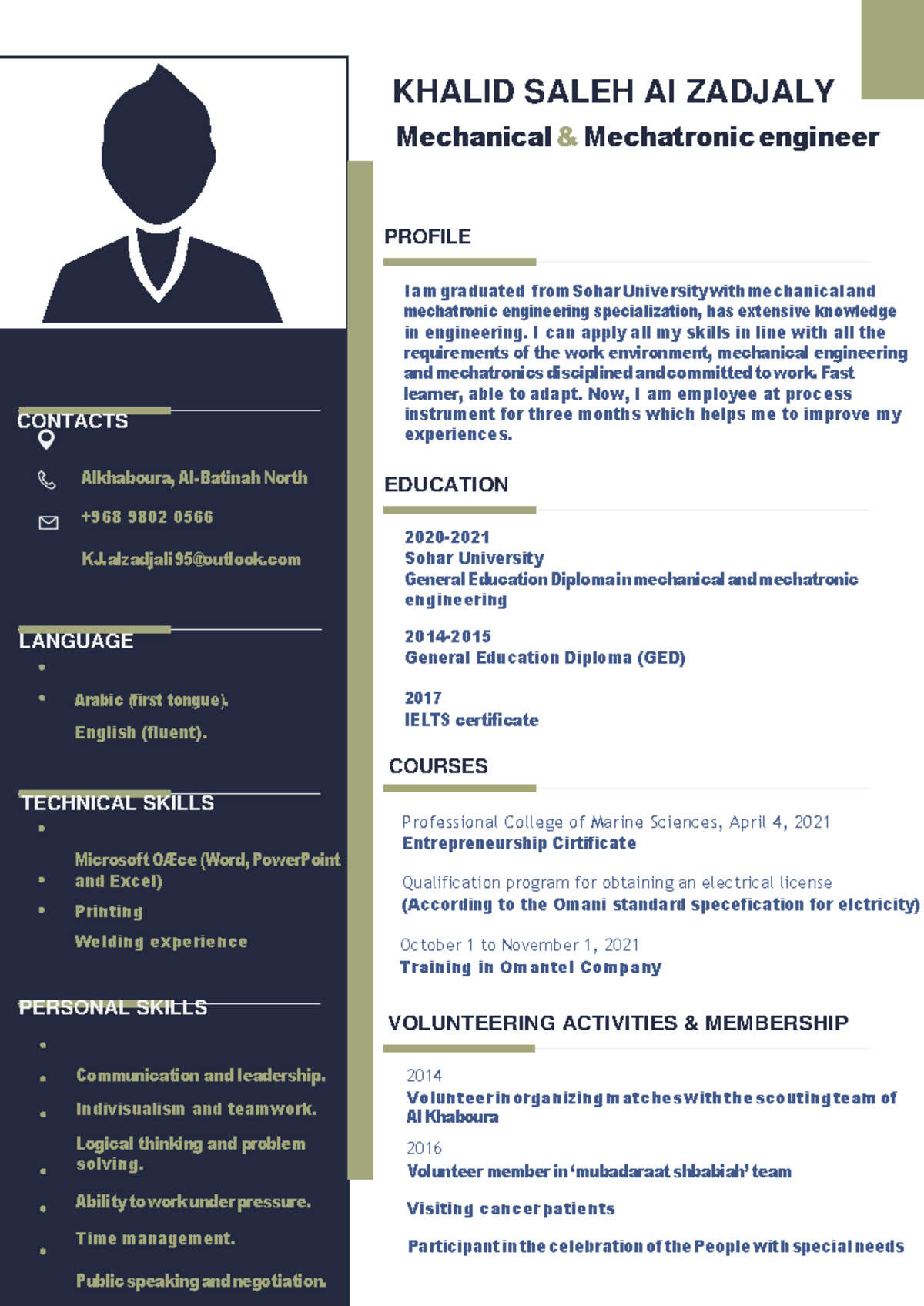 Khalid Al-Zadjaly CV - Al Khaboura KHALID SALEH Al ZADJALY Mechanical ...