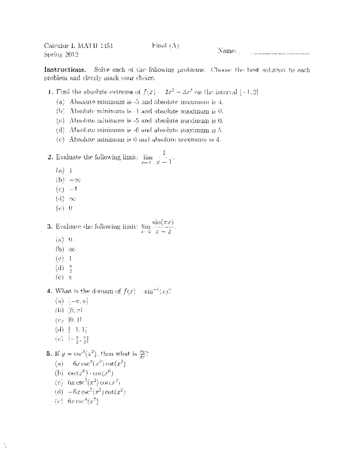 Math 1451 2012 Spring Final - MATH 1451 - Studocu