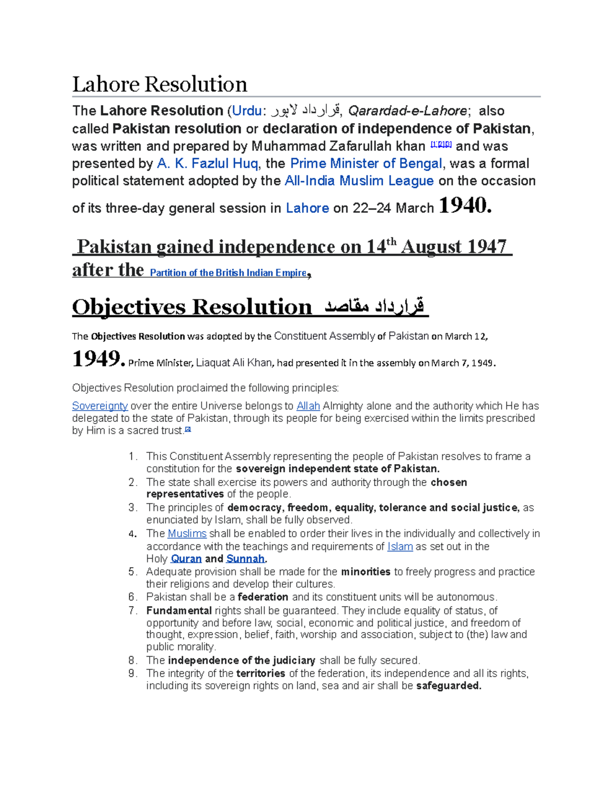 Lahore Resolution,OR and Constitutions -breif history - Lahore ...