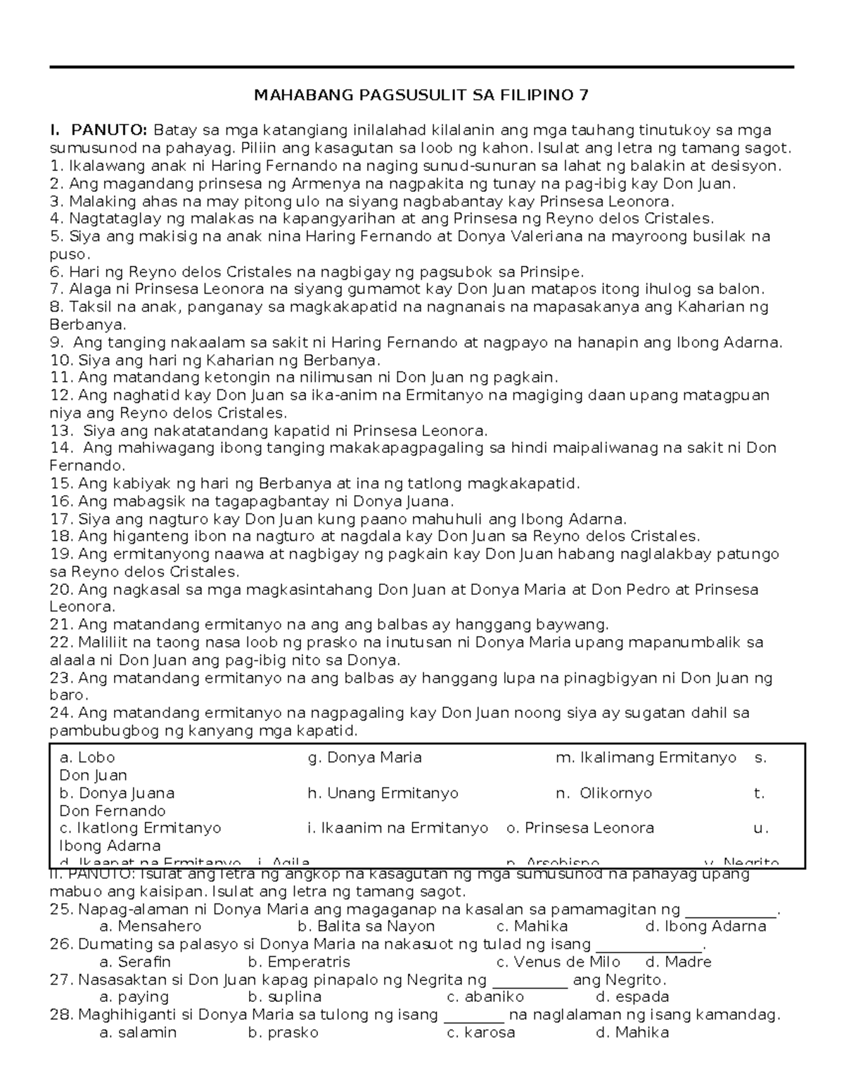 Long Test - test - MAHABANG PAGSUSULIT SA FILIPINO 7 I. PANUTO: Batay ...