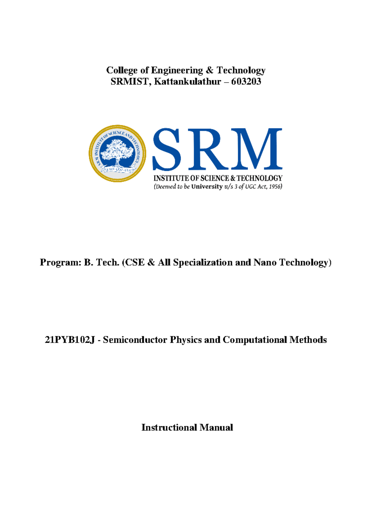 21PYB102J - Instructional Manual-SCP-LAB Manual - College of Engineering & Technology SRMIST ...