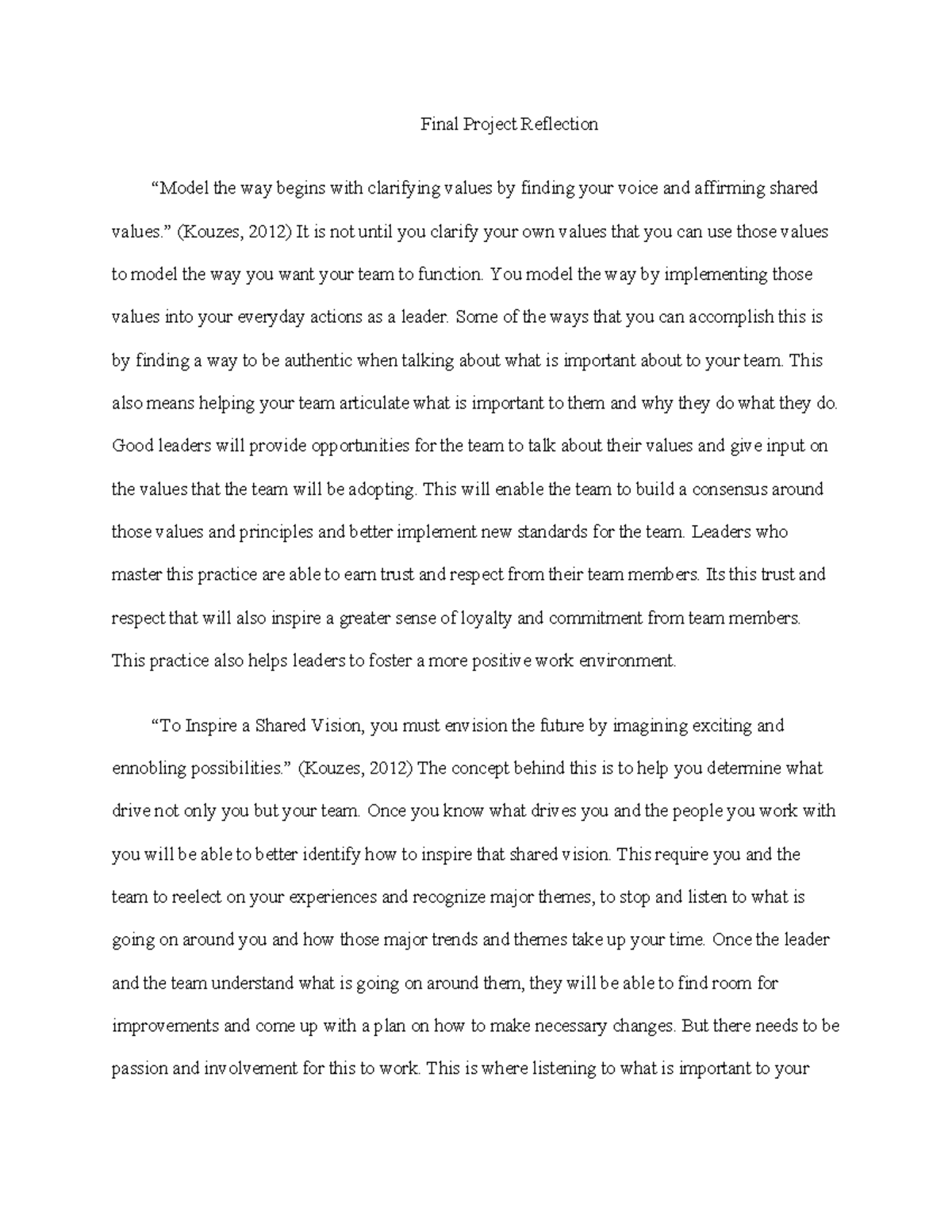 OL 328 Final Project - Final Project Reflection “Model the way begins with clarifying values by ...