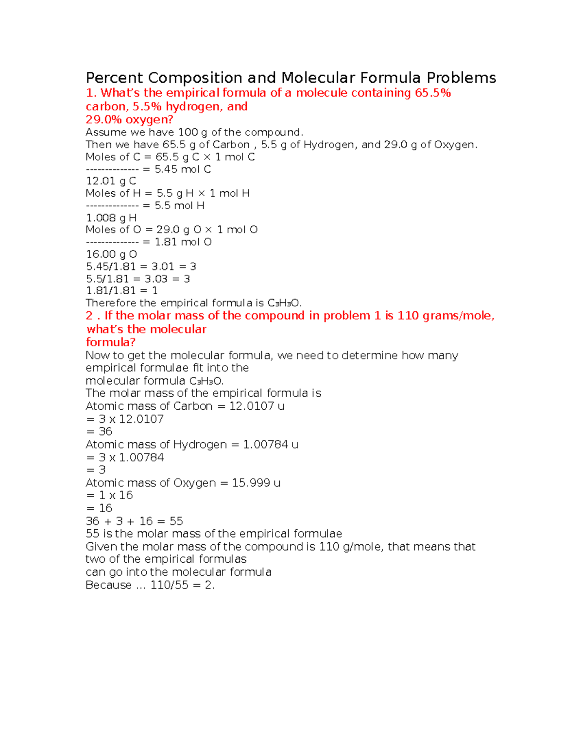Percent Composition and Molecular Formula Problems - Then we have 65 g ...