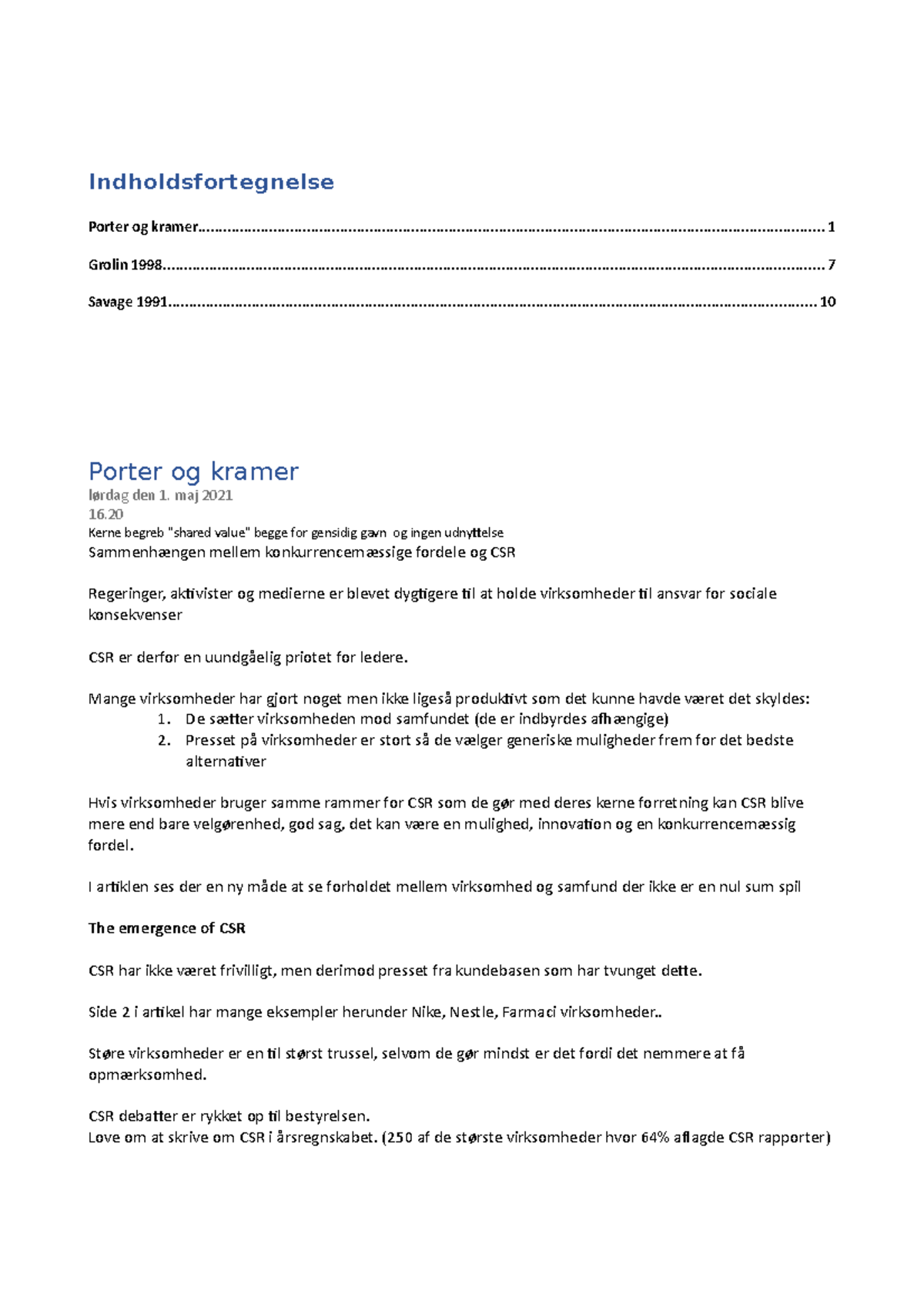 Strategi teori - Savage + Grolin + Porter og Kramer ...