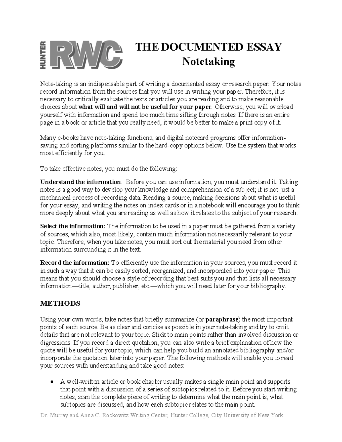 Notetaking - Writing For The Social Sciences - THE DOCUMENTED ESSAY ...