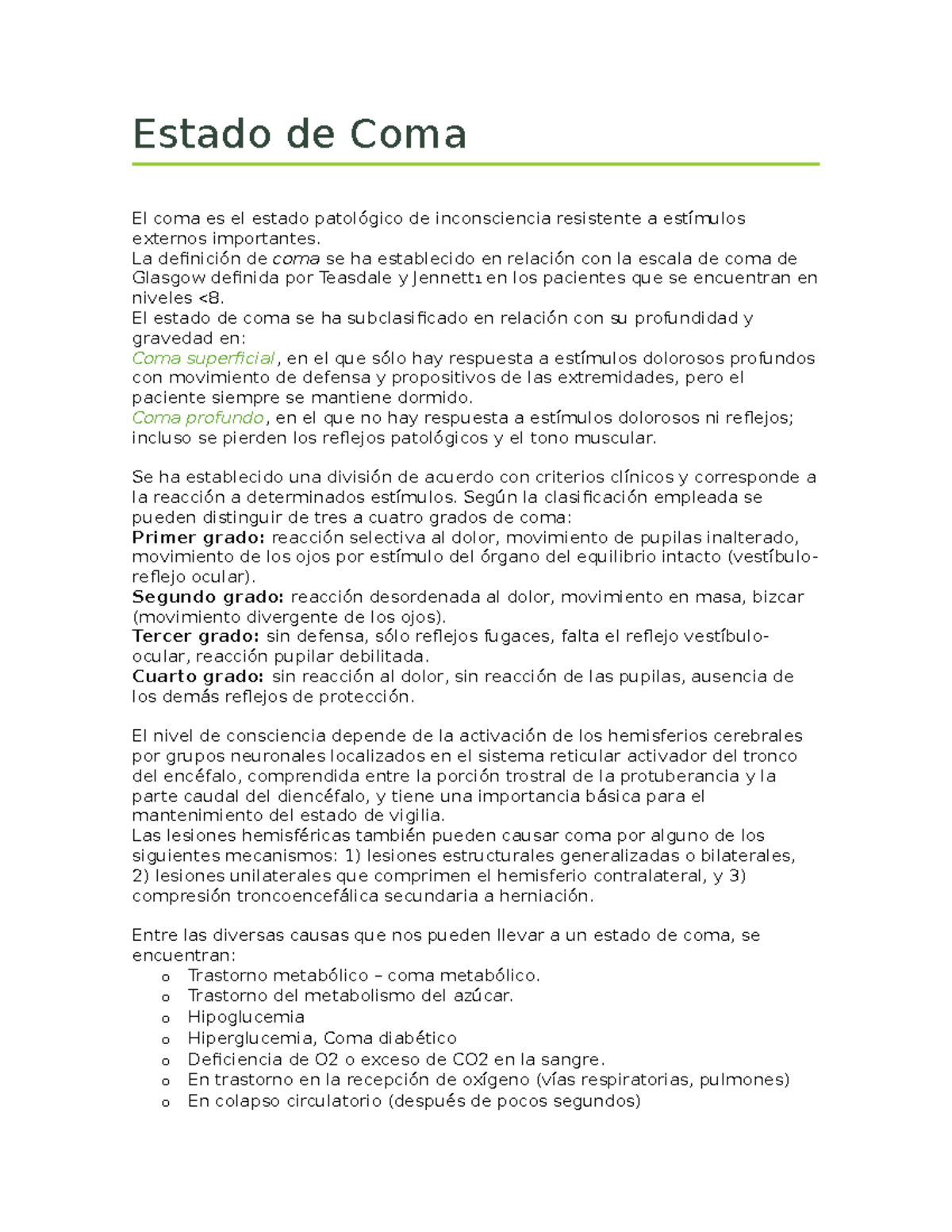 Estado de Coma Resumen - Porth. Fisiopatología - Estado de Coma El coma ...