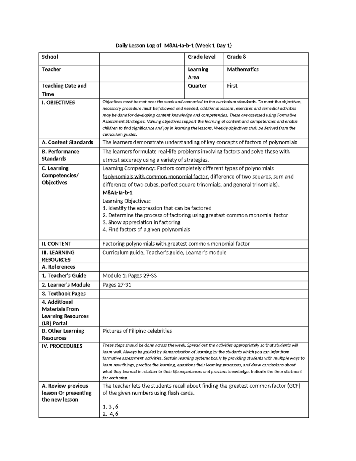 I-Day 1 - lesson plan - Daily Lesson Log of M8AL-Ia-b-1 (Week 1 Day 1 ...