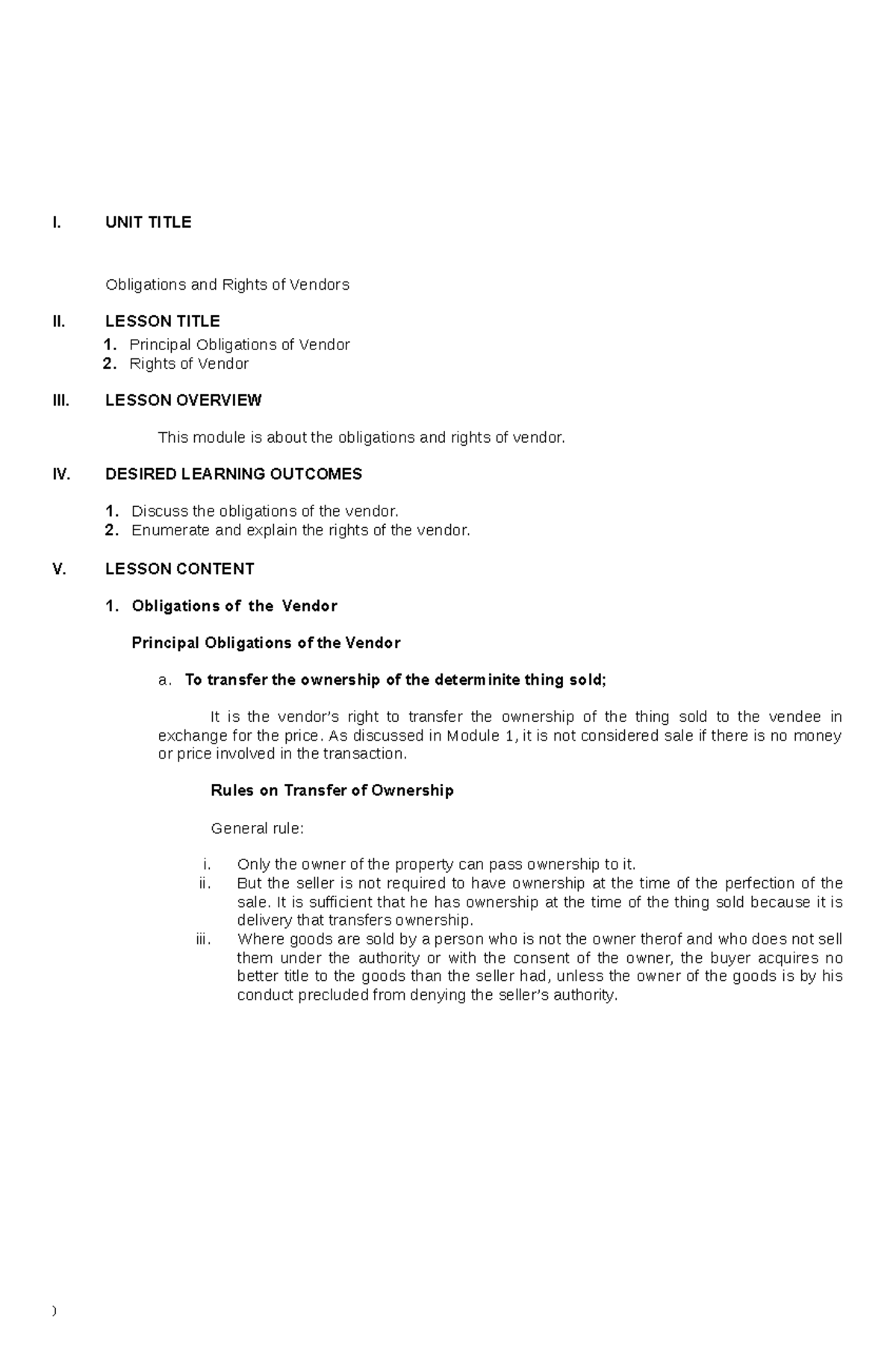 Module 2 LAW 2 NVSU-FR-ICD-05-00 - ) I. UNIT TITLE Obligations and ...