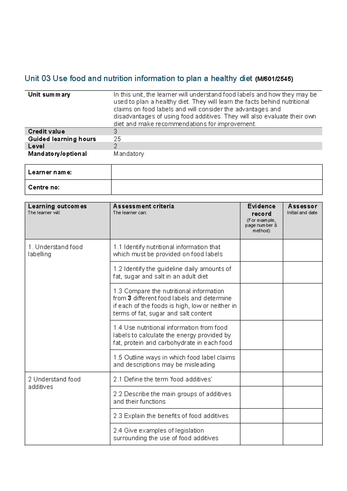 L2 Nutrition and Health Unit 3 workbook - Unit 03 Use food and ...