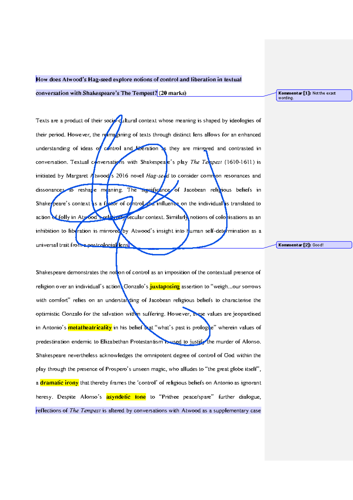 2020 EA Mod A Tempest Hag Seed Essay 19 20 Jacinta Lea - How does ...