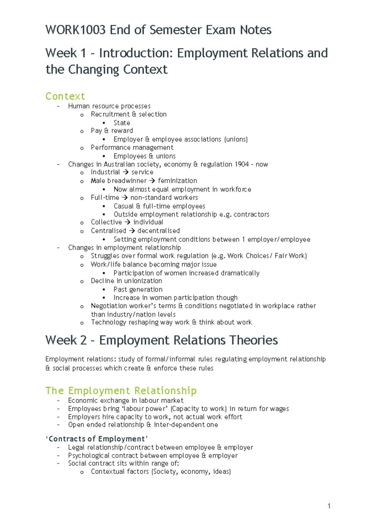 End of Semester Exam Notes - Week 1 – Introduction: Employment ...