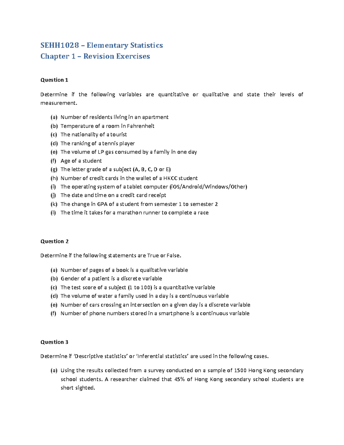 SEHH1028 Chapter 1 - Self-Revision Exercises 2 - SEHH 1028 – Elementary Statistics Chapter 1 ...