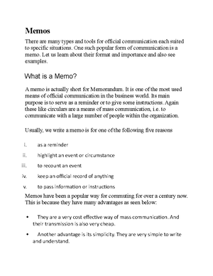 Memo - Business Memo Assignment - Writing a memo Memo A memo is a ...