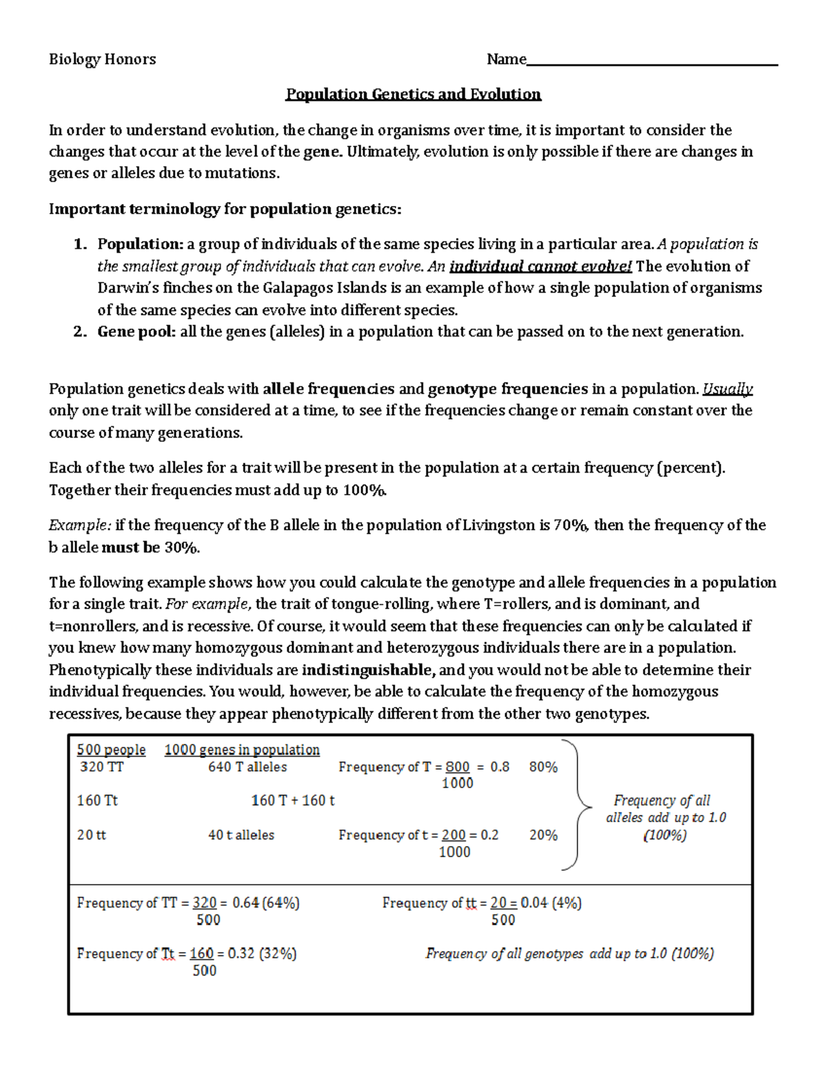 Pop+Gen+Notes+Packet - Biology Honors Name Population Genetics and ...