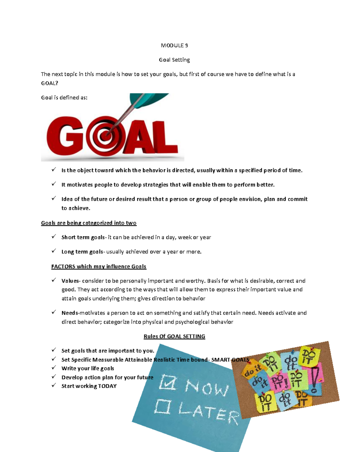 Module 9 Goal Setting 2023 2024 - MODULE 9 Goal Setting The next topic ...
