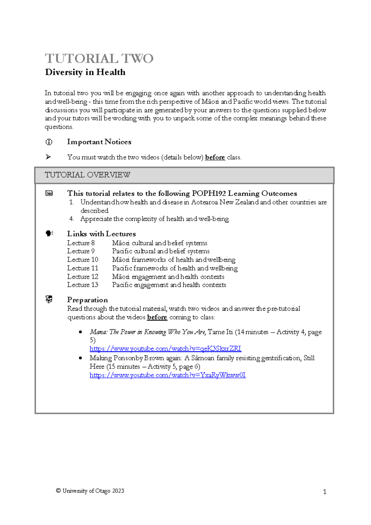 Tutorial 2 - Diversity in Health - TUTORIAL TWO Diversity in Health In ...