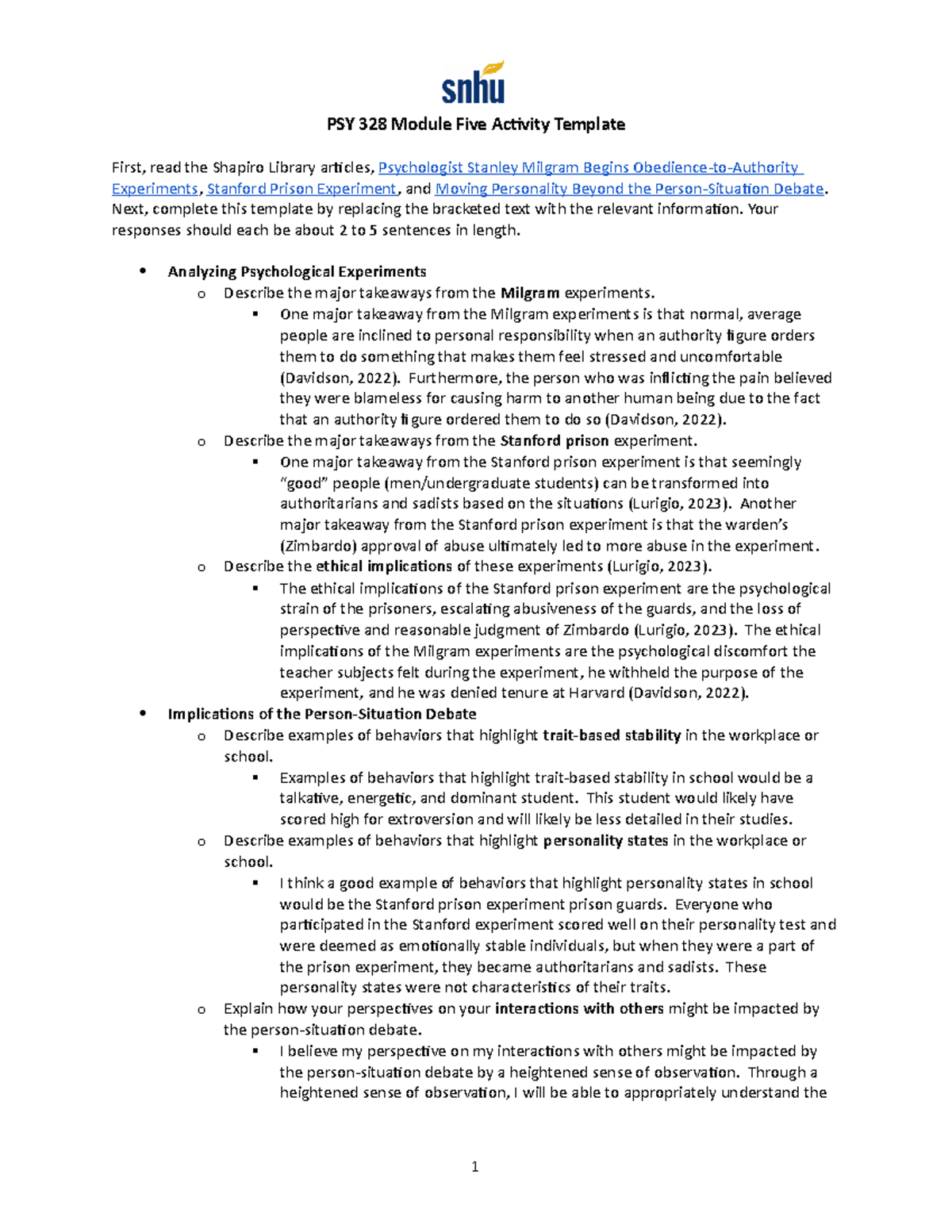 PSY 328 Module Five Activity Template - PSY 328 Module Five Activity Template First, read the ...