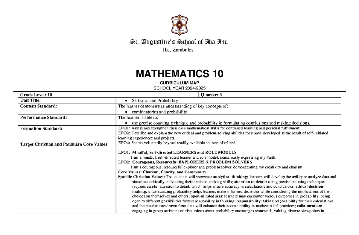 Curriculum Map 3rd Quarter - Math 10 - Iba, Zambales MATHEMATICS 10 ...