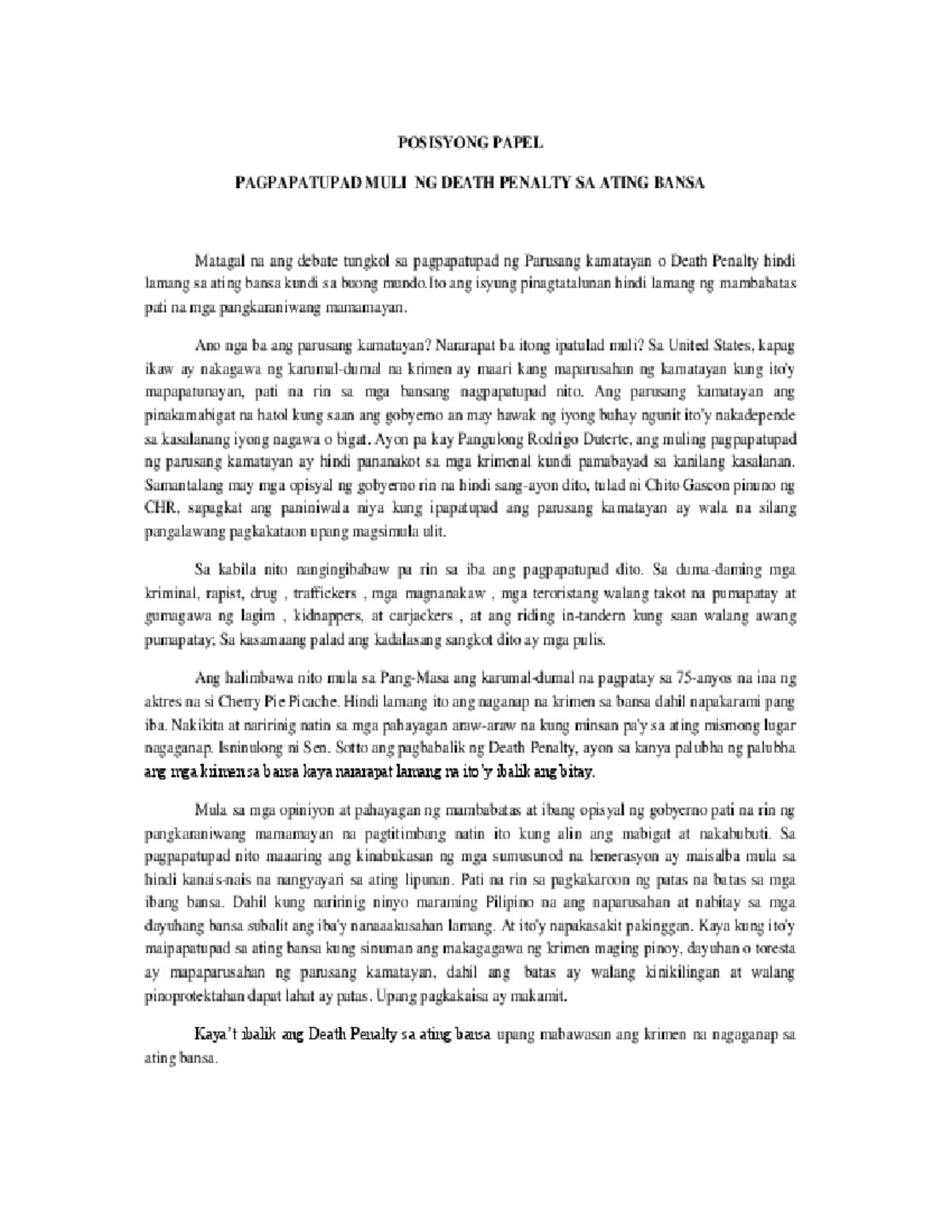 Week 4 - Posisyong Papel sample - Filipino - StuDocu