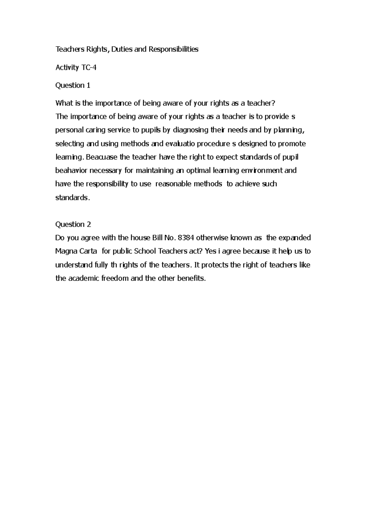 Activity TC-4 Teachers Rights - Teachers Rights, Duties and ...