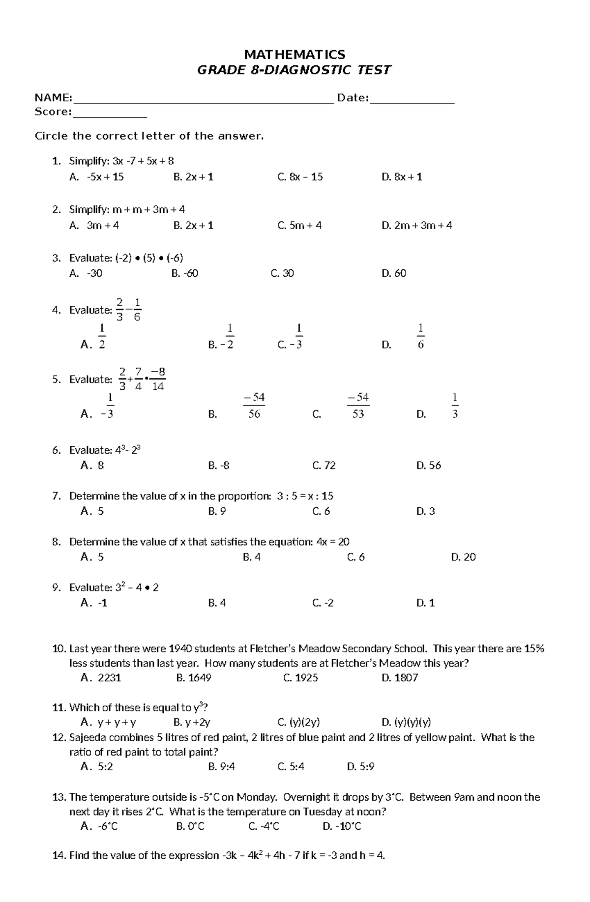 Diagnostic test Grade 8 - MATHEMATICS GRADE 8-DIAGNOSTIC TEST - Studocu