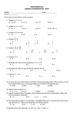 429531295 Diagnostic Test Grade 8 - MATHEMATICS GRADE 8-DIAGNOSTIC TEST ...