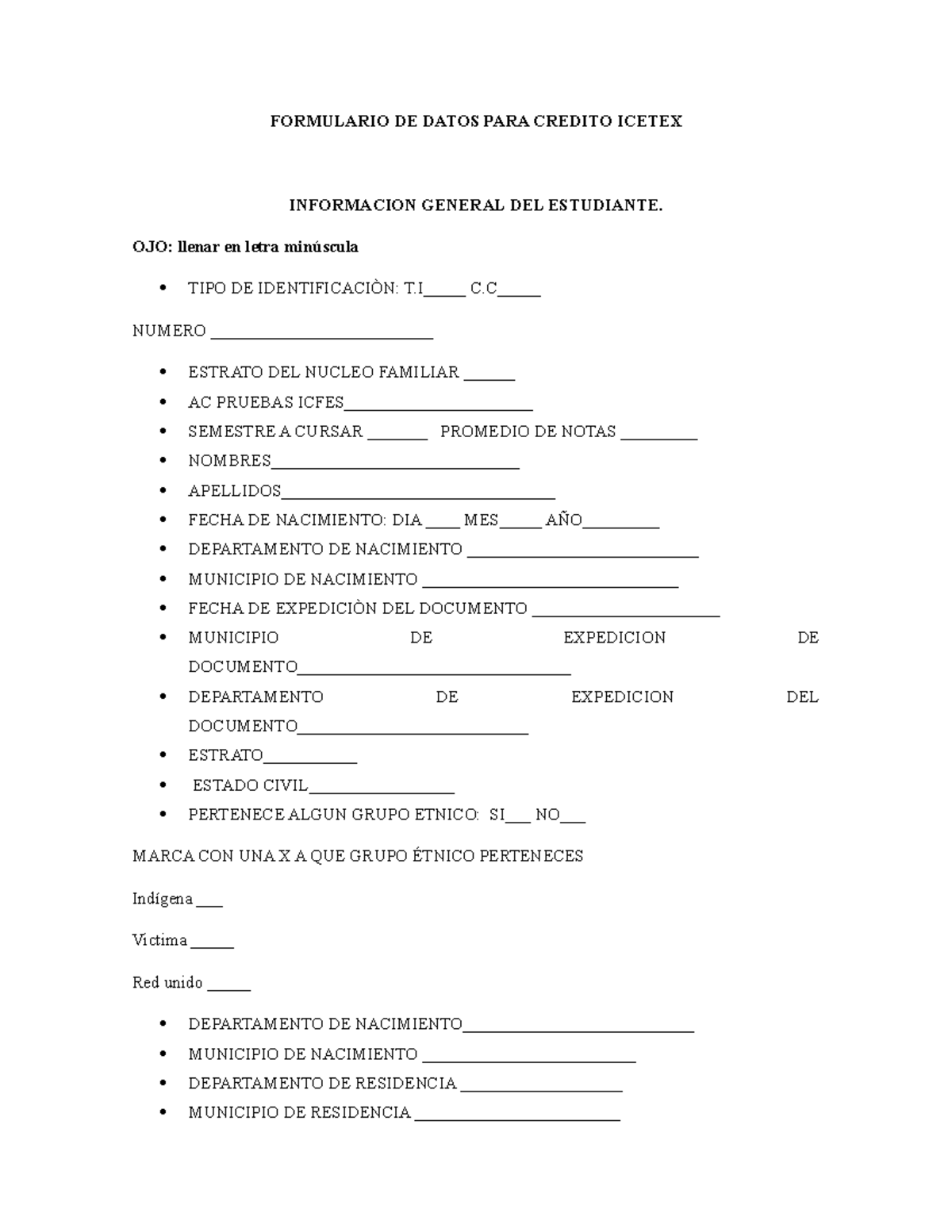 Formato icetex nnunu icetex - FORMULARIO DE DATOS PARA CREDITO ICETEX ...