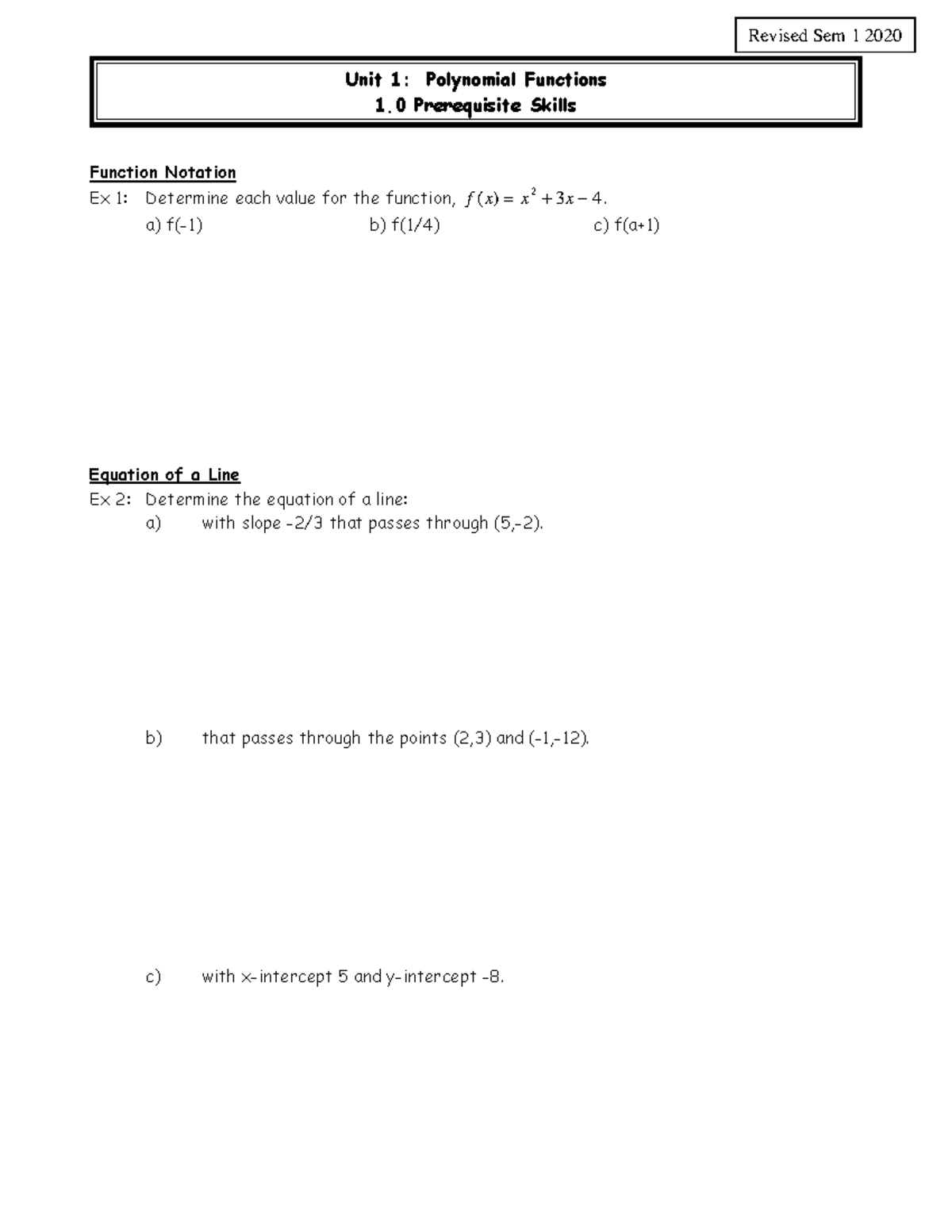 Ch 0 Pre-Req Revised Sem 1 2020 - Unit 1: Polynomial Functions 1 ...