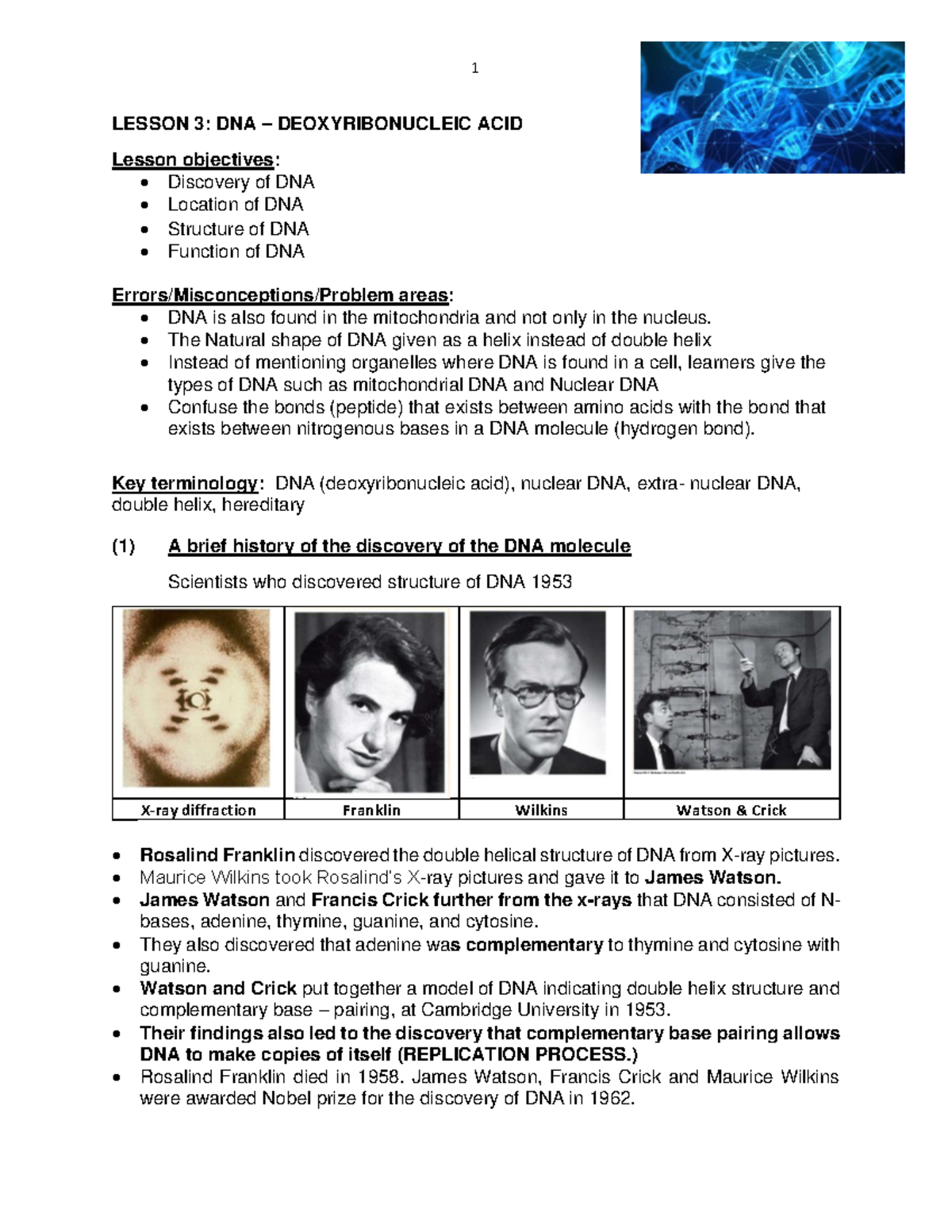 Lesson 3 DNA learner copy - LESSON 3: DNA – DEOXYRIBONUCLEIC ACID ...