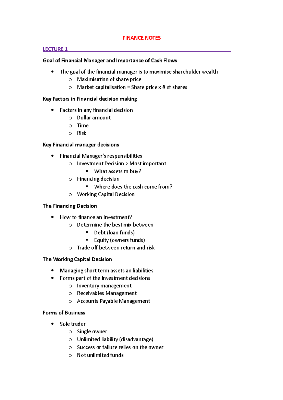 Finance Notes - FINANCE NOTES LECTURE 1 Goal of Financial Manager and ...