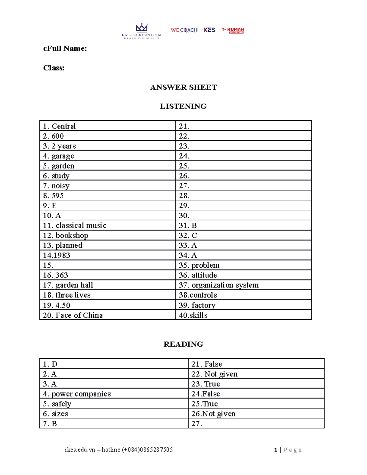 U - mid-course test (LR) (answer sheet) - cFull Name: Class: ANSWER ...