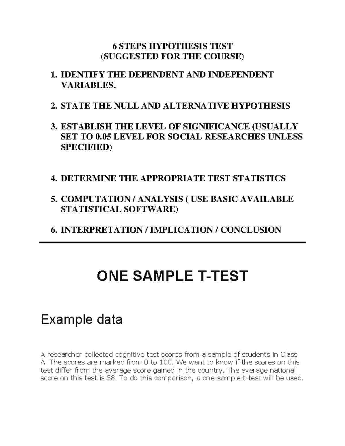 One Sample TTest Guide - 6 STEPS HYPOTHESIS TEST (SUGGESTED FOR THE ...
