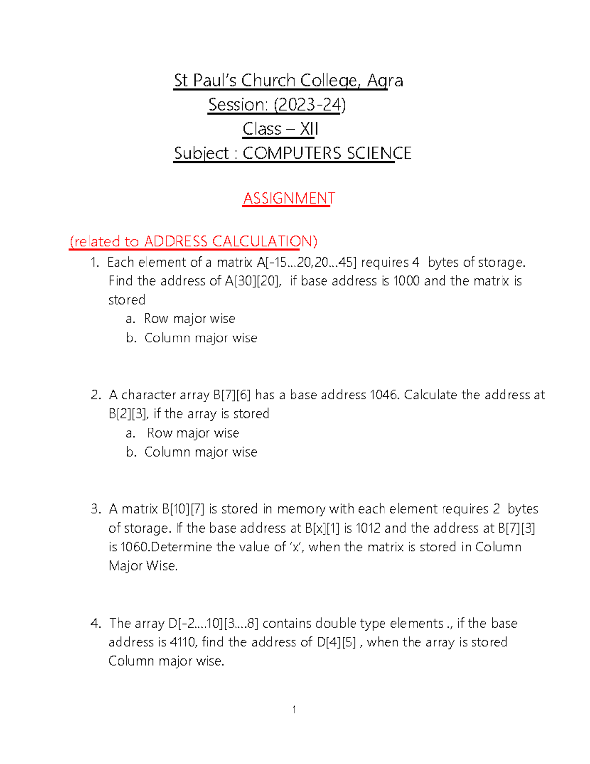 Address calculation assignment - 1 Column major wise. address is 4110 ...