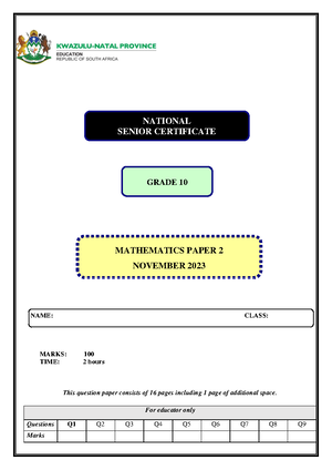 Gr 10 Maths P1 Nov 2023 - MARKS: 100 TIME: 2 hours This question paper ...