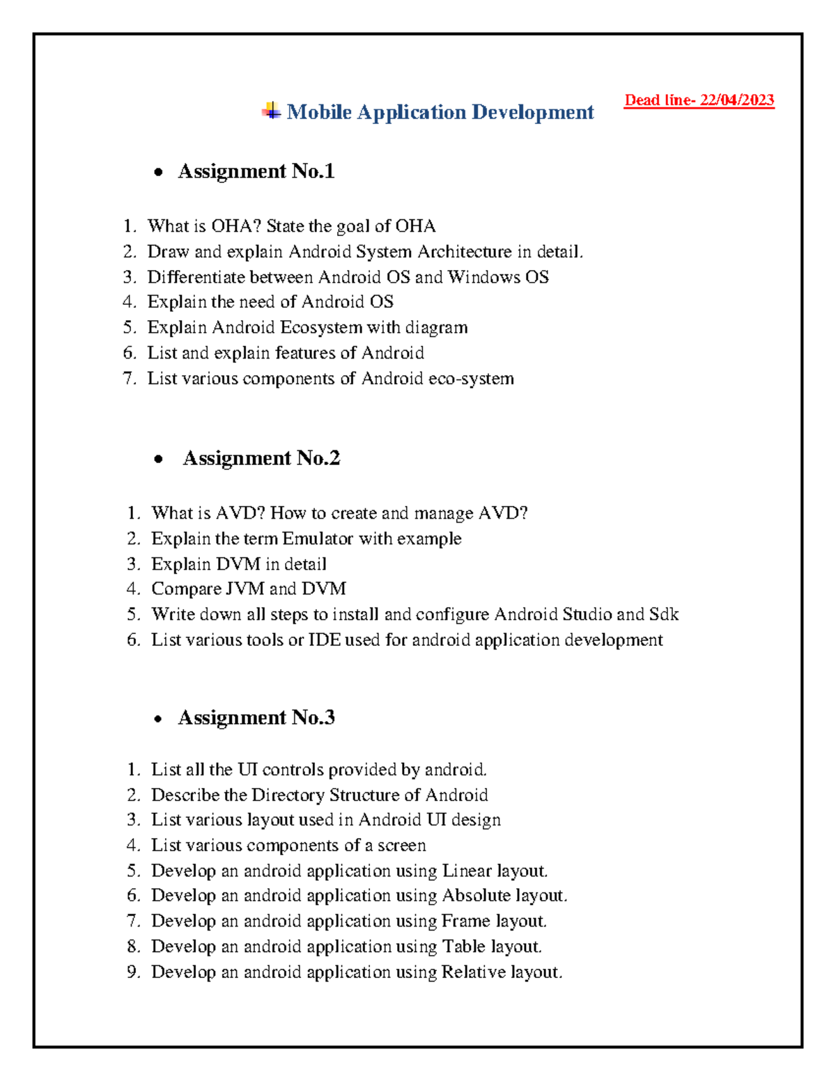 MAD assignmentss (2) - Mobile Application Development Assignment No. What is OHA? State the goal ...