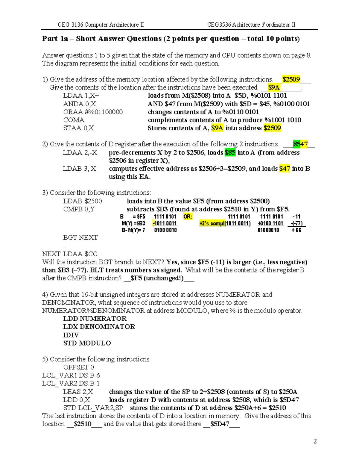 CEG3136 Midterm Exam Fall 2013 - Part 1a – Short Answer Questions (2 ...