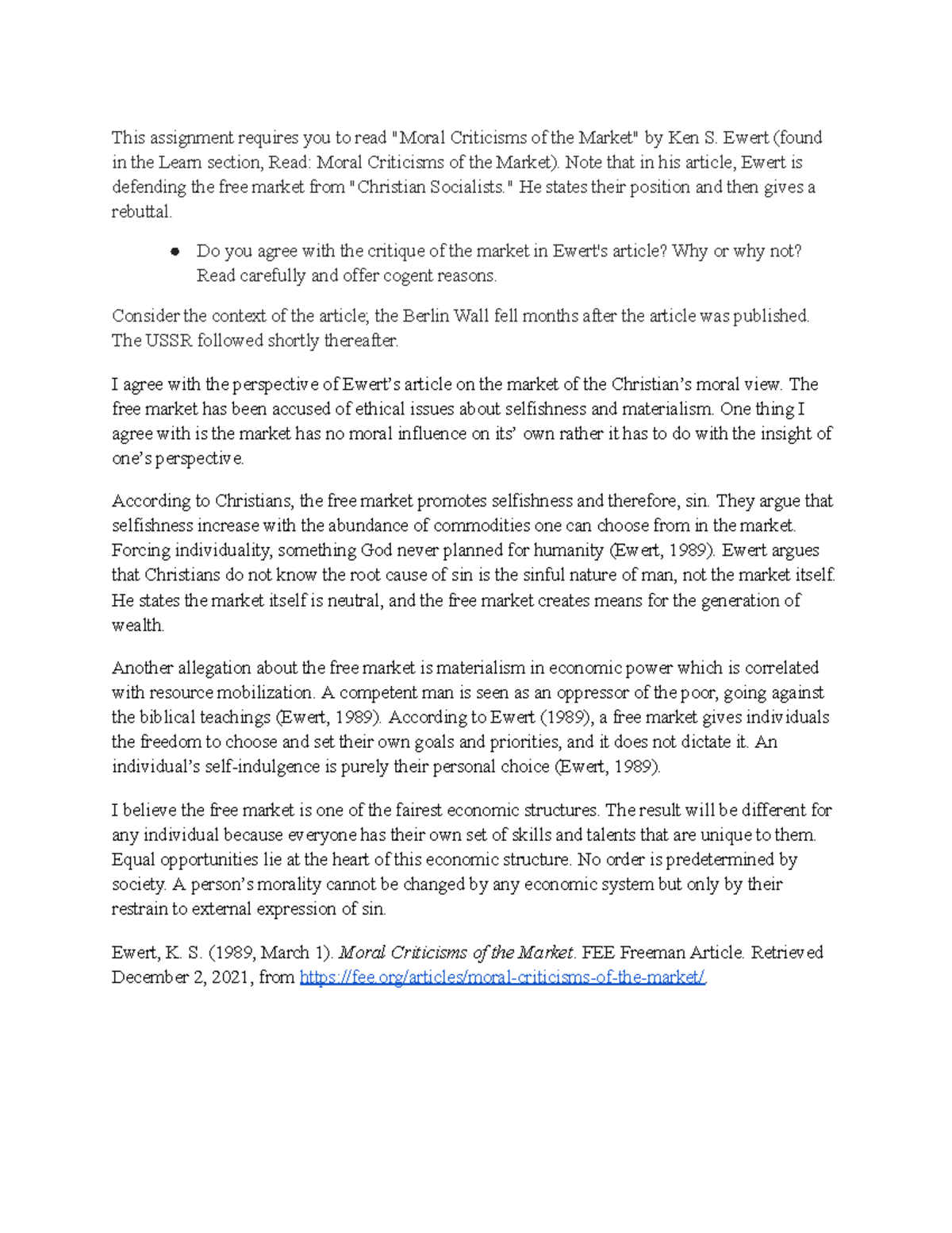 Moral Criticisms of the Free Market - GOV 200 - This assignment ...