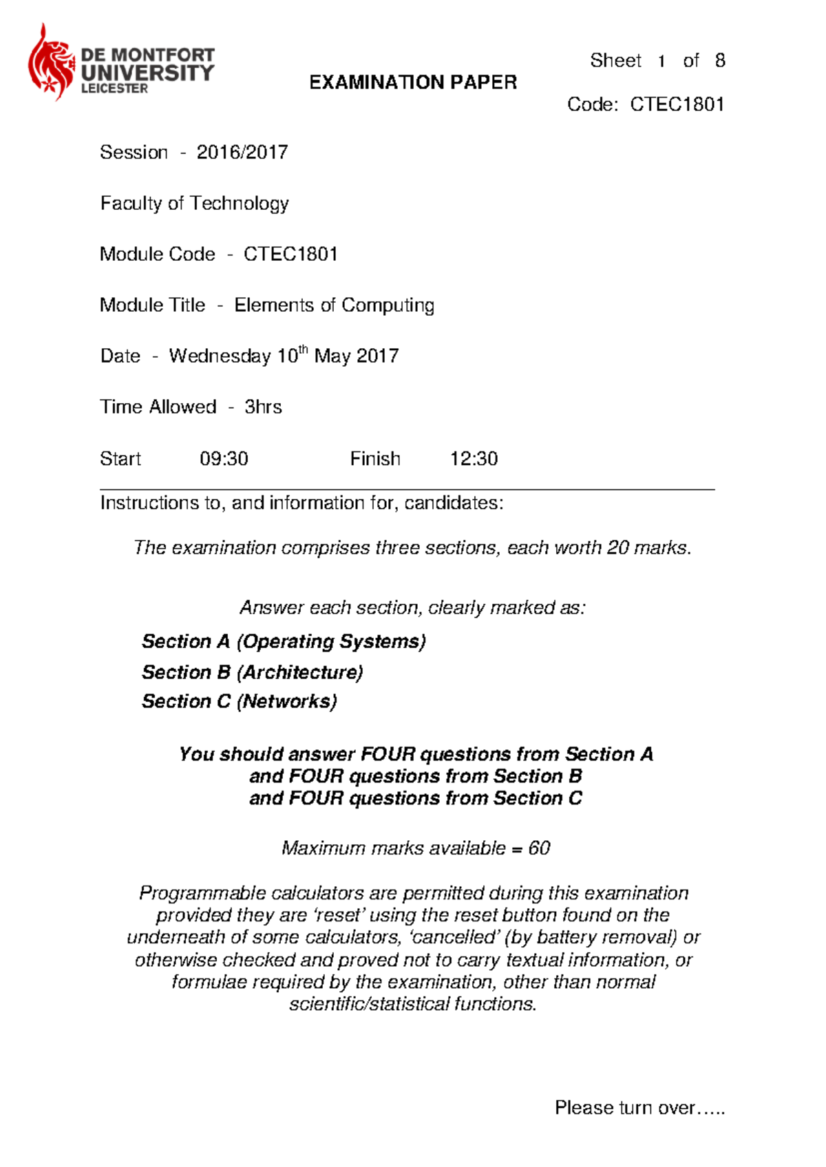 CTEC1801 Exam: Elements of Computing - Studocu